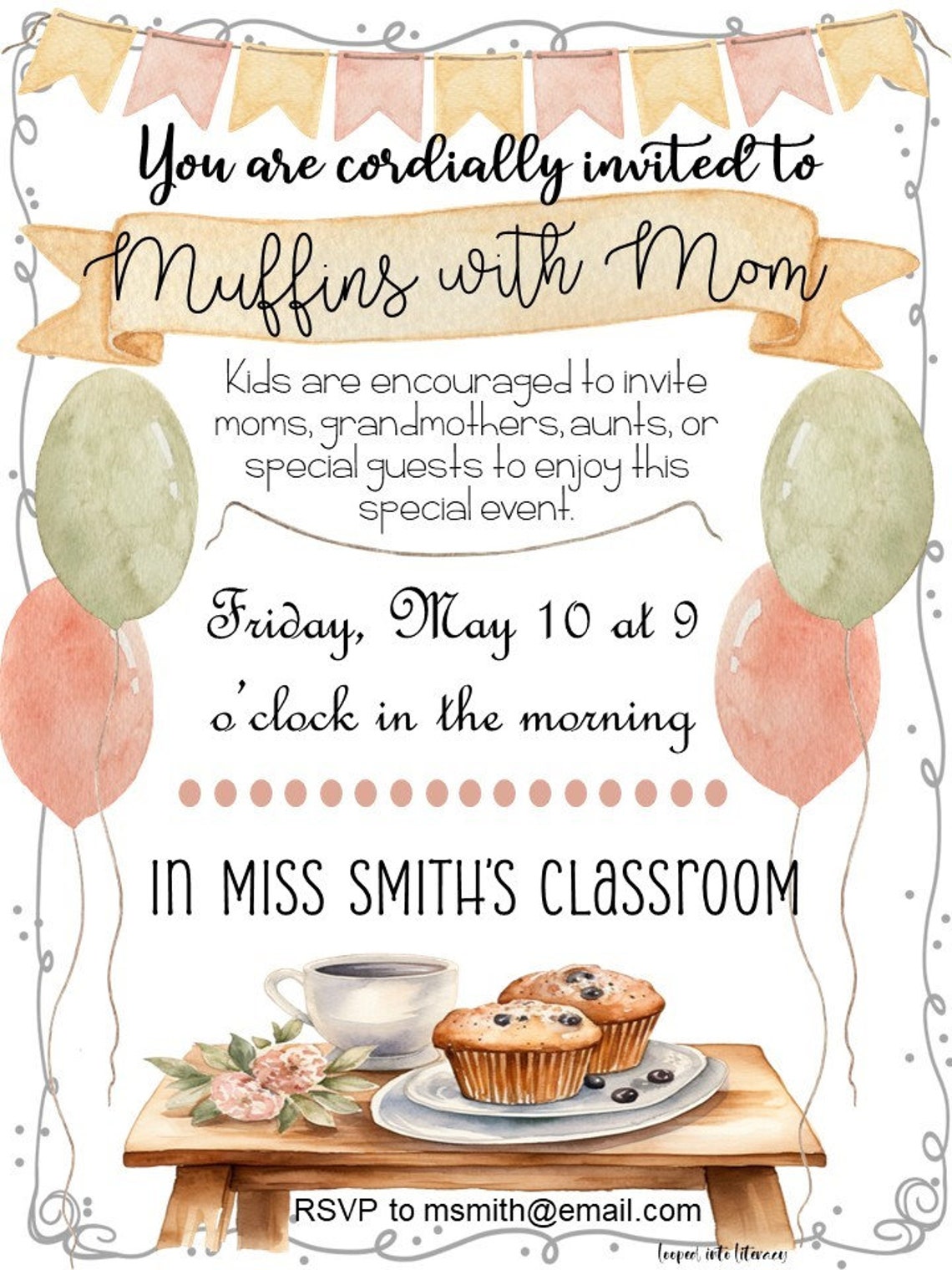 Muffins With MOM Invitations Envelopes Digital Mother's Day Party ...
