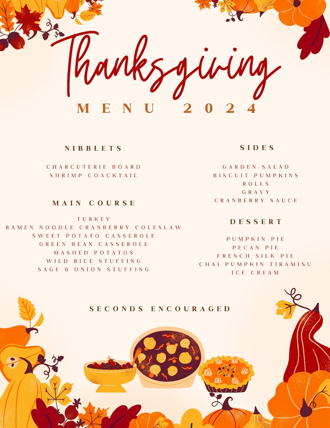Customizable Thanksgiving Dinner Menu: Digital Download - Etsy