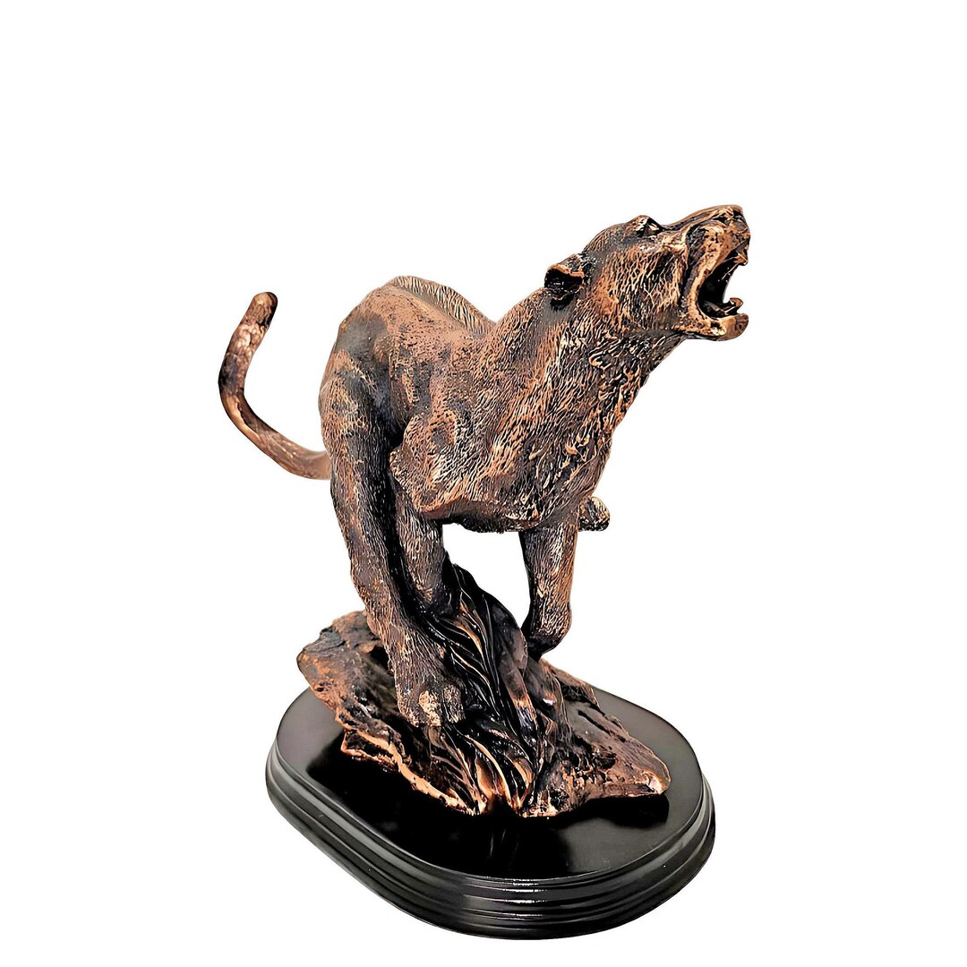 Large Bronze Cougar Sculpture on Wooden Stand, Mountain Lion or Panther ...