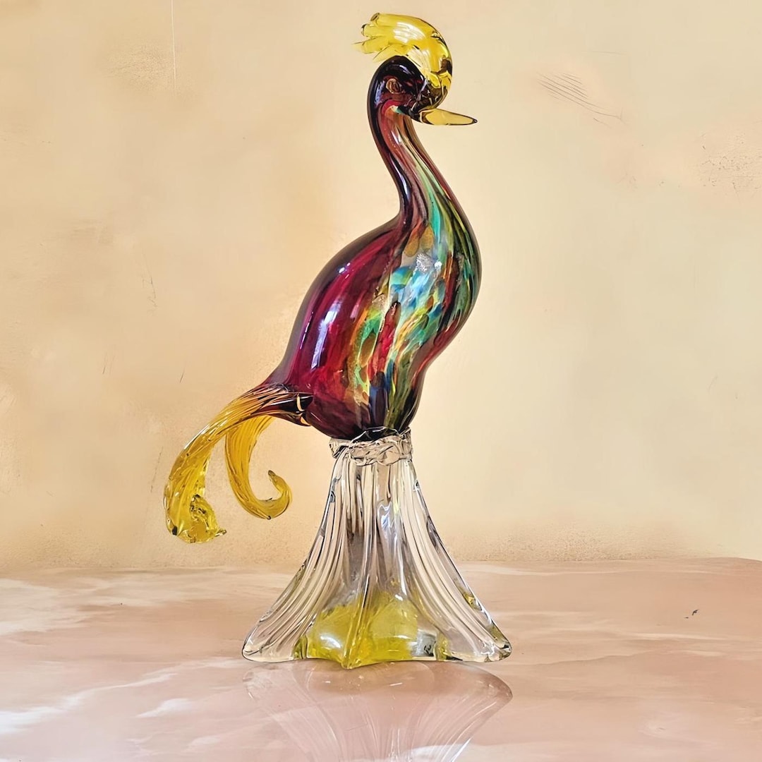 Murano Art Glass Peacock Statue, Colorful Bird Sculpture Figurine 13.75 ...