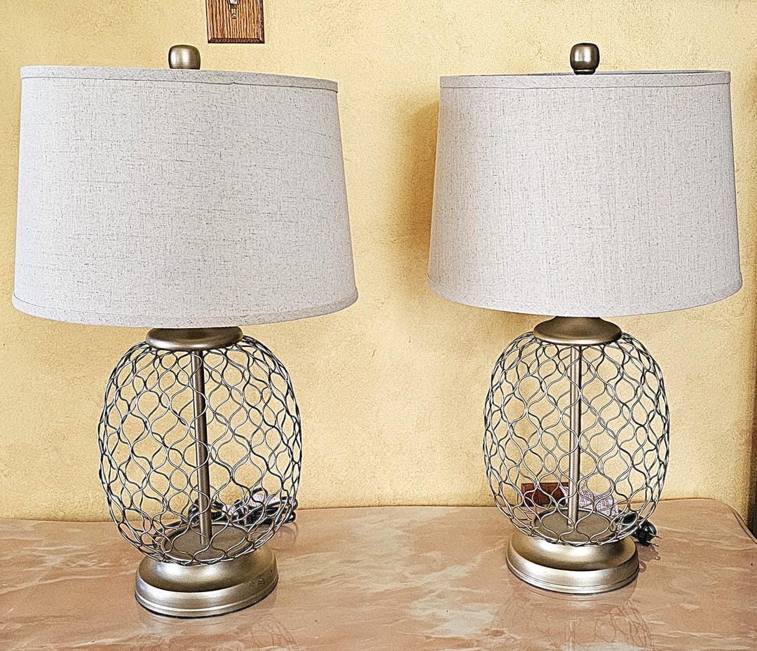 Pair of Modern Industrial Cage Metal Table Lamps With Linen Shades - Etsy