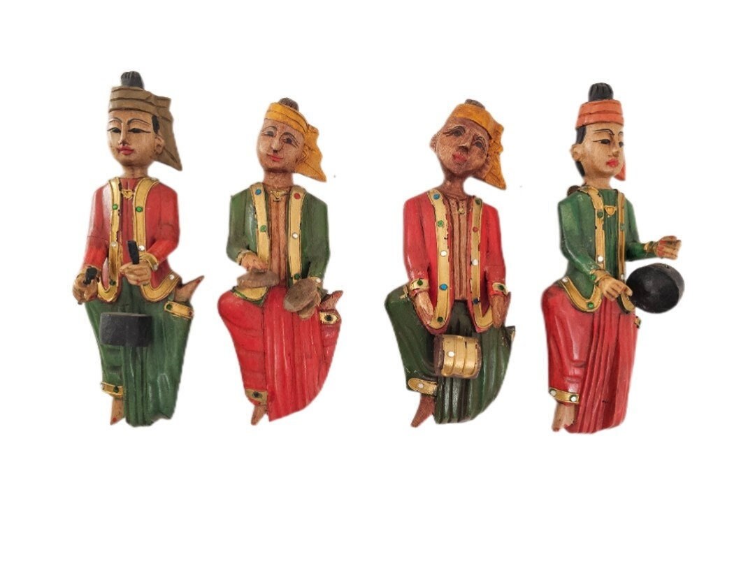 Hand Carved Wood Burmese Temple Musicians - Mid-century Wall Decor - Etsy