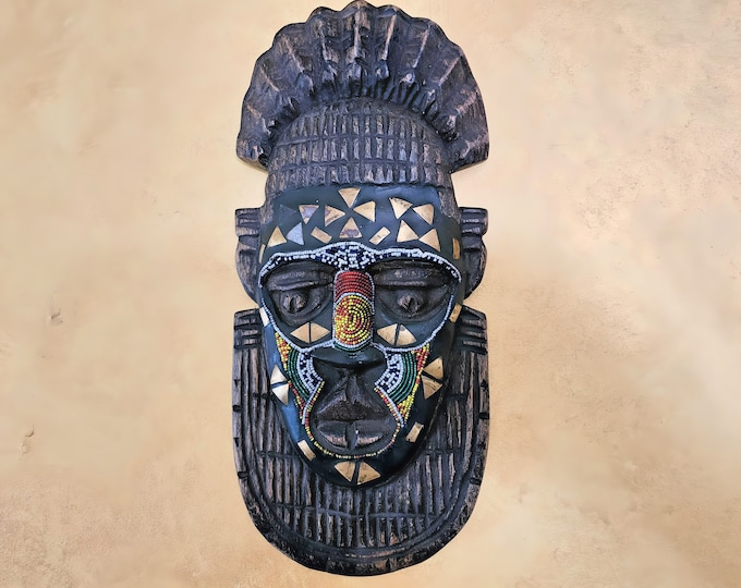 African Mask, Benin Wood Mask, Bead and Bronze Mask, African Mask for ...