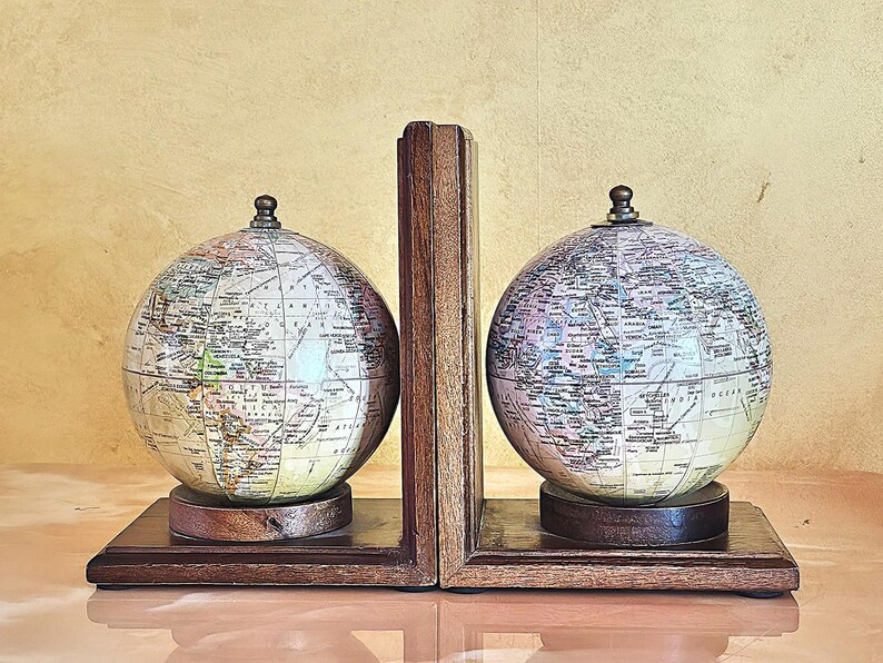 Vintage Globe Bookends – Wooden World Map Décor - Etsy
