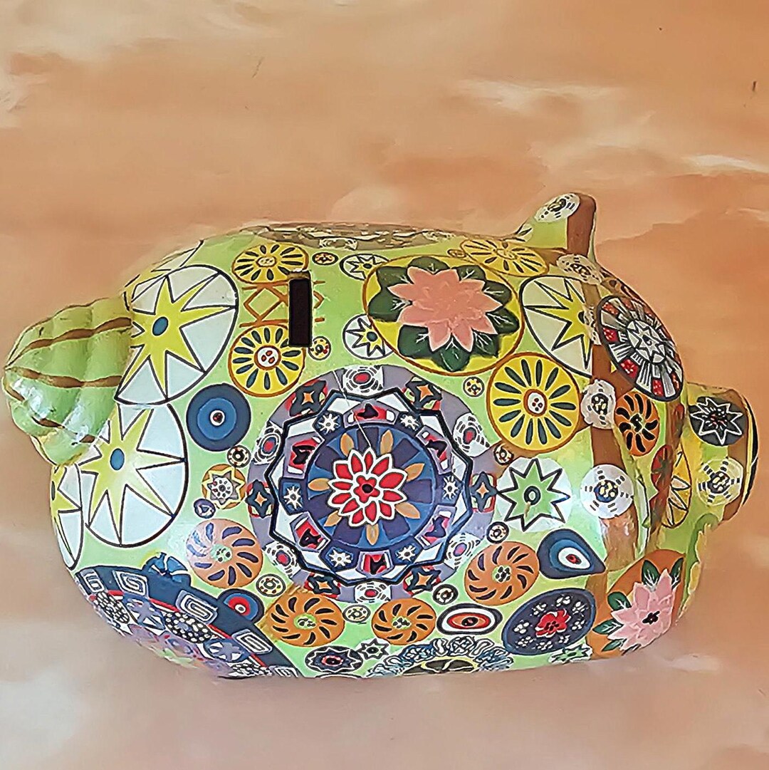 Hand-painted Mosaic Piggy Bank: Colorful Folk Art Ceramic Coin Saver - Etsy