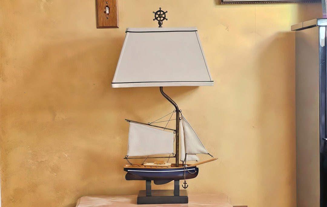 Sailboat Model Table Lamp With Nautical Finial and Shade, Nautical ...