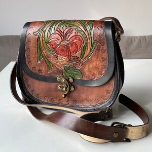 Women Vintage Style Rose Brown Leather Crossbody Shoulder Bag Handmade ...
