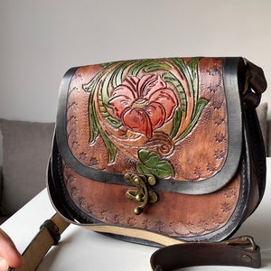 Women Vintage Style Rose Brown Leather Crossbody Shoulder Bag Handmade ...