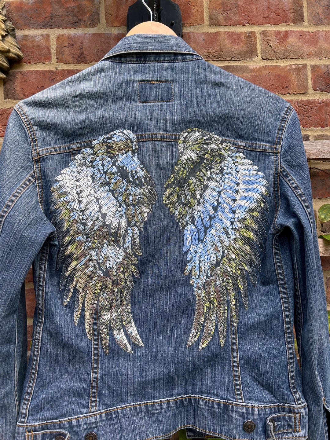 Personalised Angel Wings Jacket. Denim Jacket. Silver Sequin. Silver ...