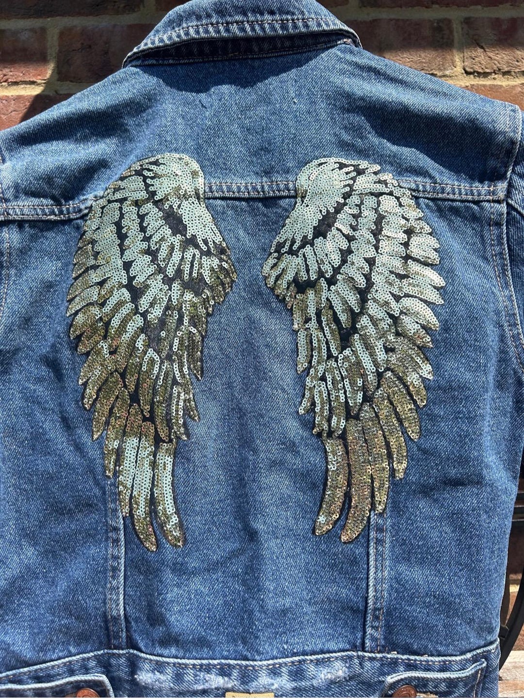 Personalised Angel Wings Jacket. Denim Jacket. Gold Sequin. Gold Angel ...