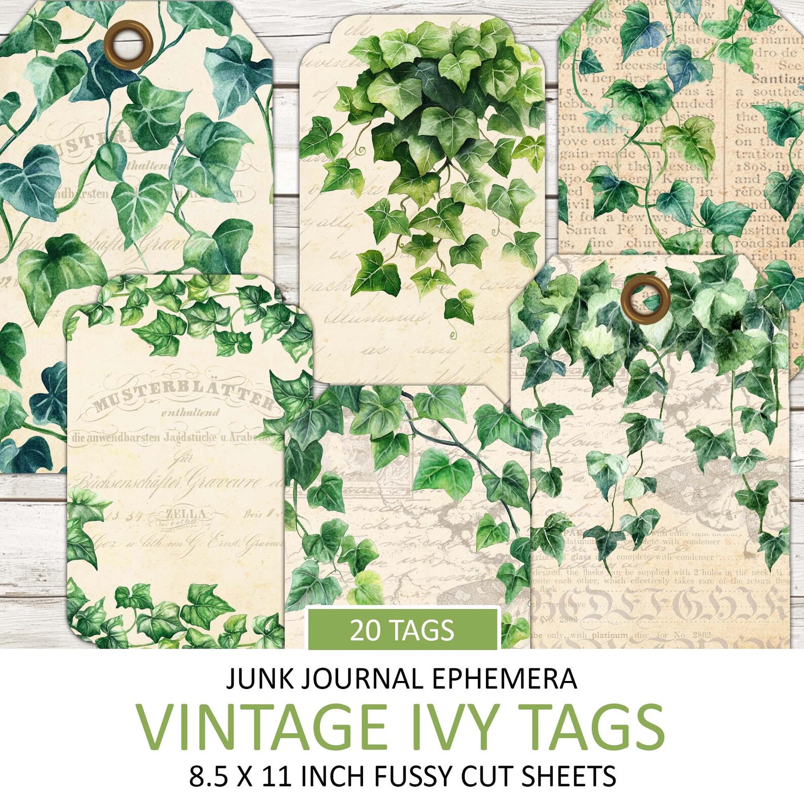Vintage Ivy Tags: Greenery Ephemera for Junk Journals (digital Download ...