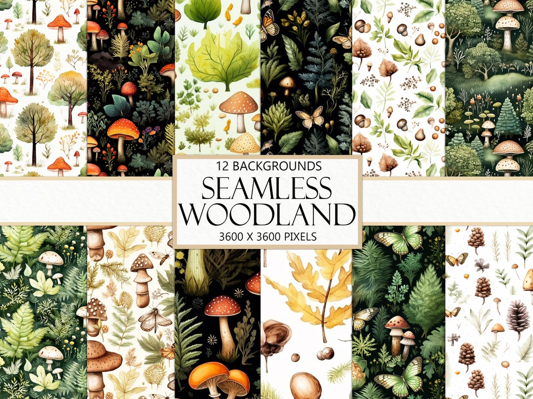 Seamless Watercolor Woodland Forest Images, Flora Fauna Pattern ...