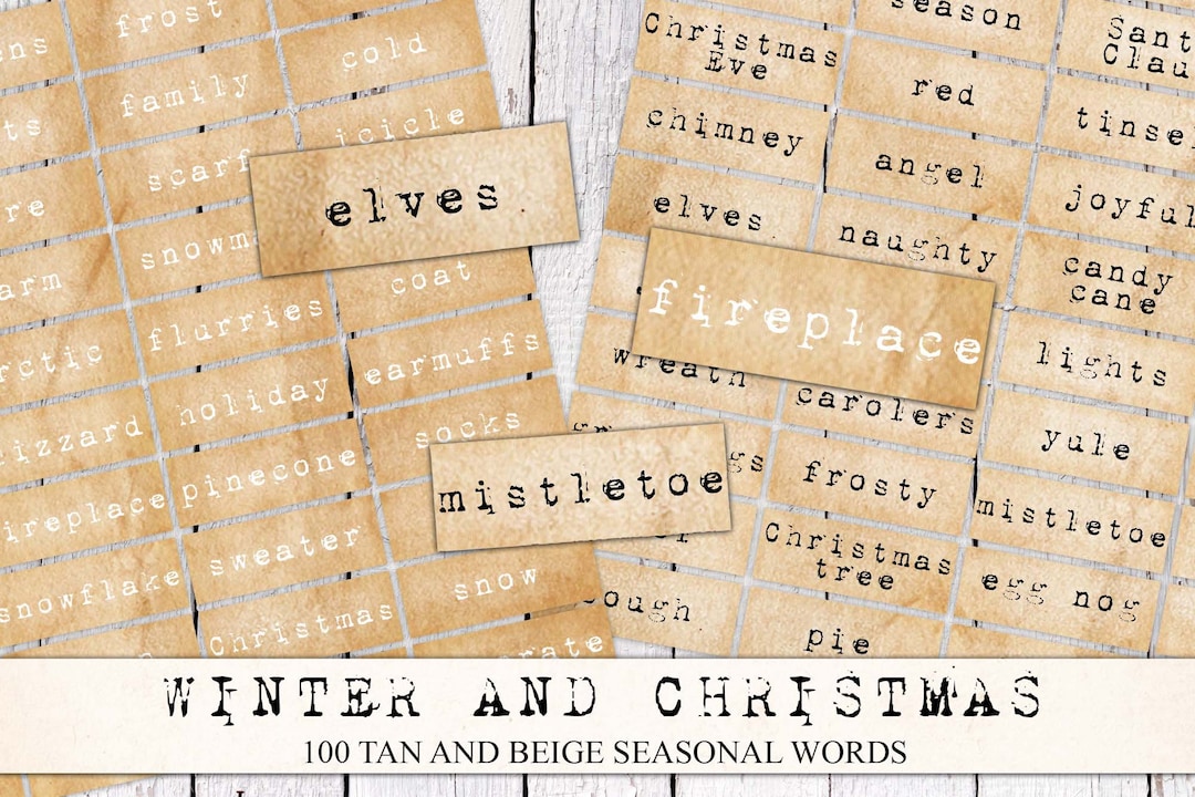 Printable Winter and Christmas Word Scraps, Beige Junk Journal, Grunge ...