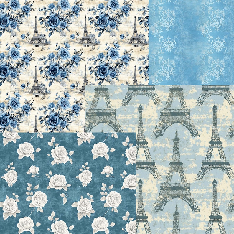 Vintage Blue Paris Digital Paper: Eiffel Tower Seamless Pattern ...