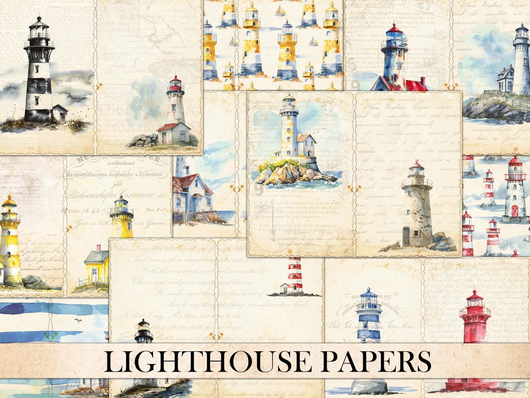 Printable Junk Journal Papers, Vintage Lighthouses, Beachside Signature ...
