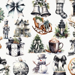 Watercolor Christmas Clipart, Black and White Images, Sticker and ...