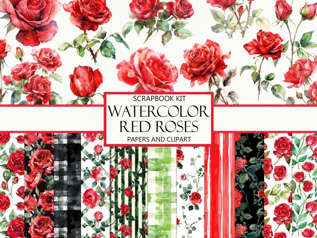 Watercolor Red Roses Scrapbook Kit, Junk Journal, Summer Floral Images ...