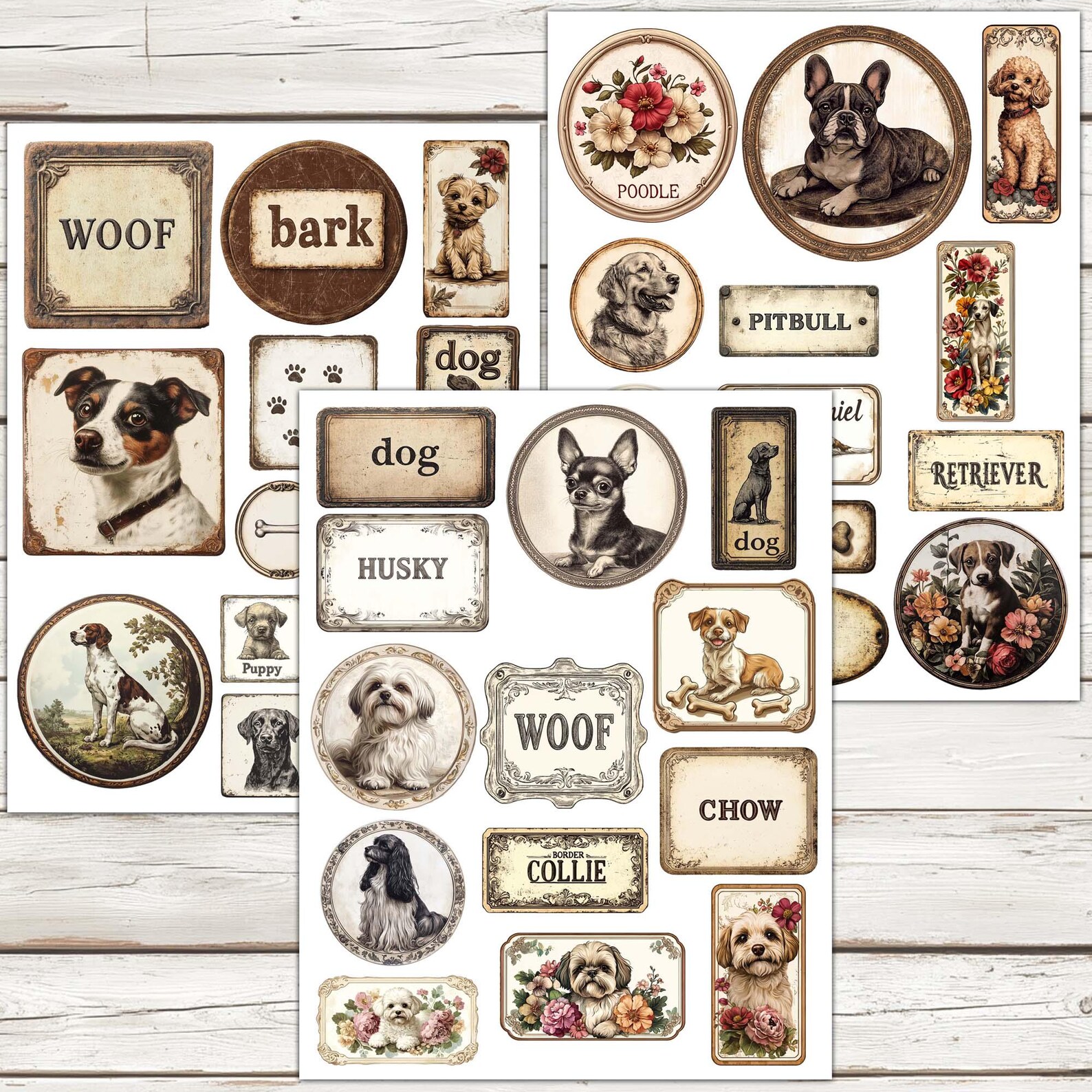 Vintage Dogs Ephemera Kit: Printable Pet Scrapbook Labels (digital ...