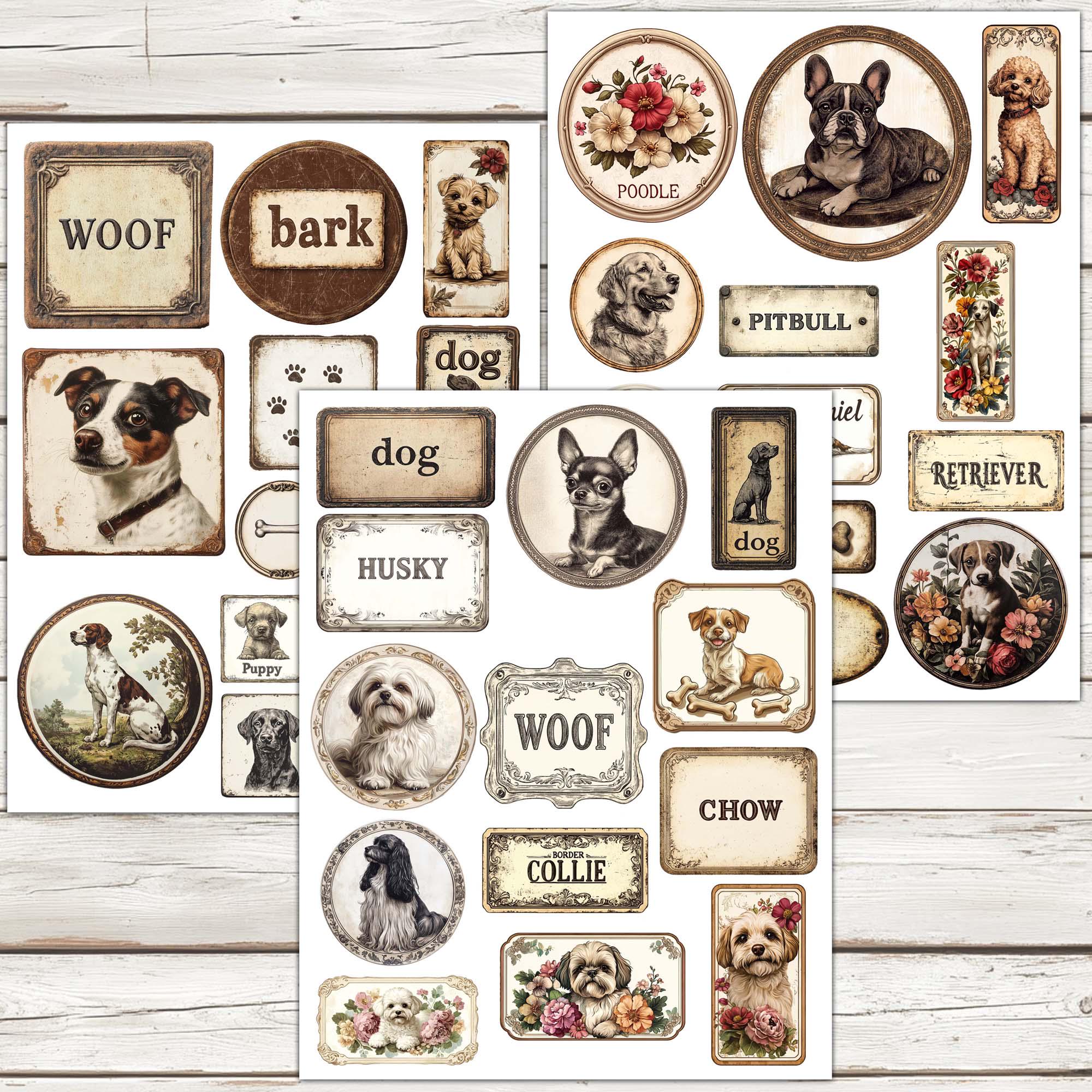 Vintage Dogs Ephemera Kit: Printable Pet Scrapbook Labels (digital ...