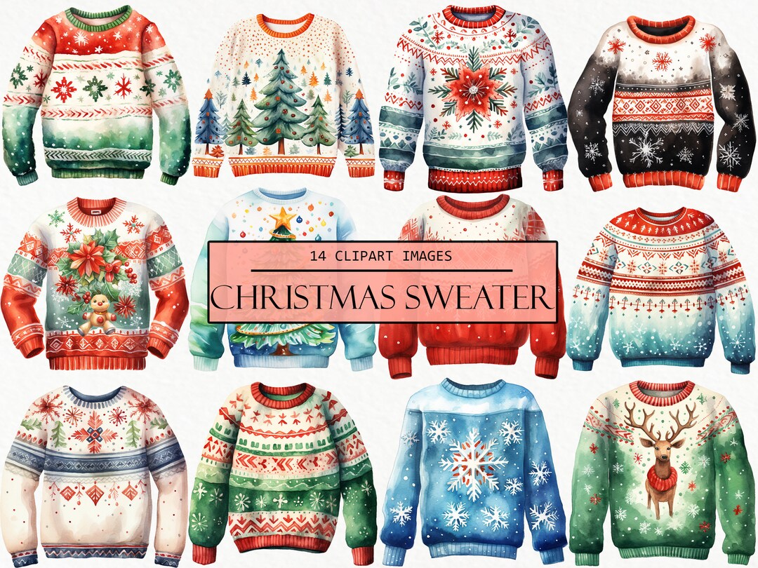 Watercolor Christmas Sweater Clipart: Holiday PNG Images (digital ...