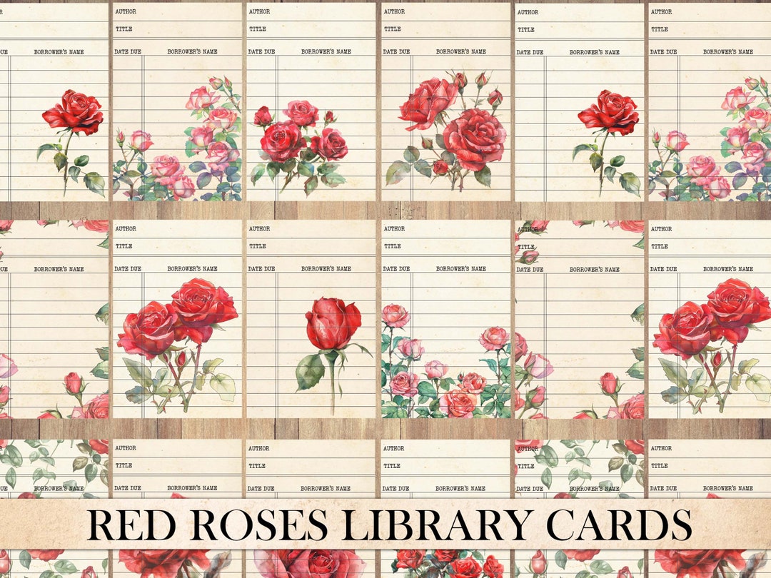 Printable Vintage Library Cards, Antique Red Roses, Fussy Cut, Ephemera ...