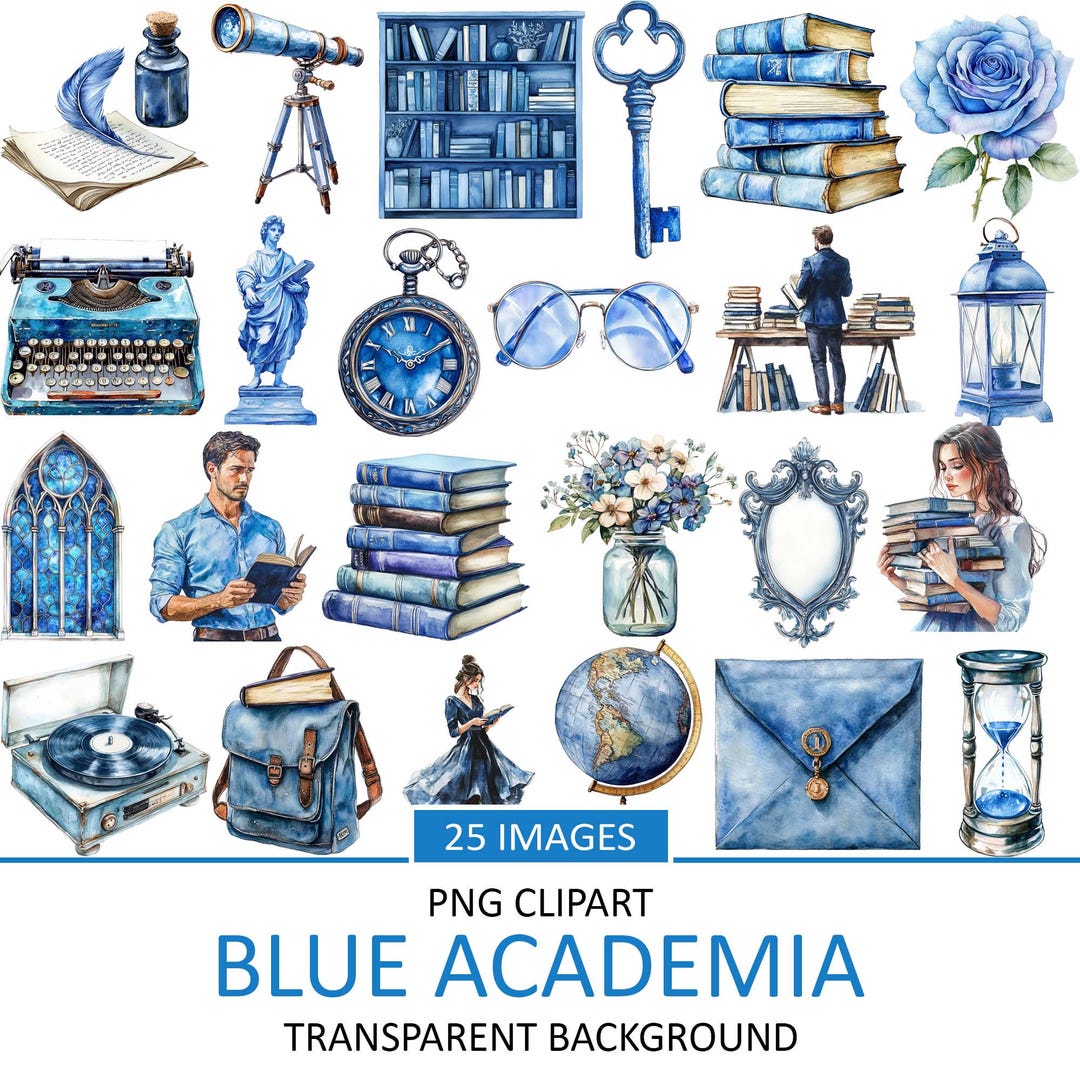 Watercolor Blue Academia Clipart: Book Lover Illustration (digital ...