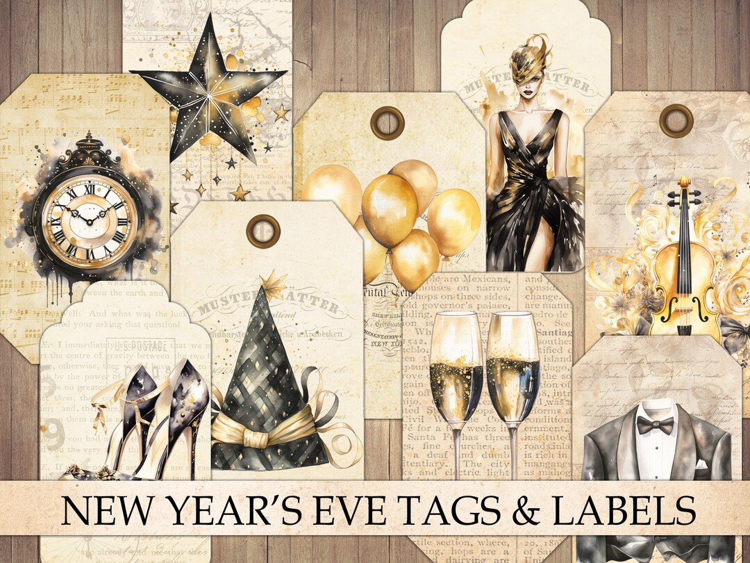 Vintage New Year's Eve Tags, Printable Ephemera, Black and Gold ...