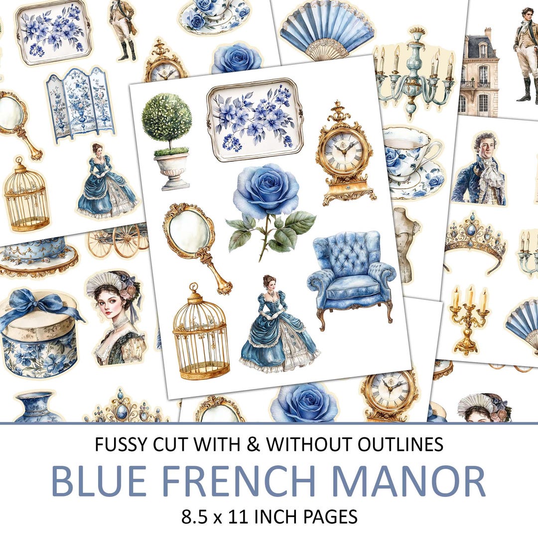 Vintage Style Blue Manor, Fussy Cut French Country, Junk Journal ...