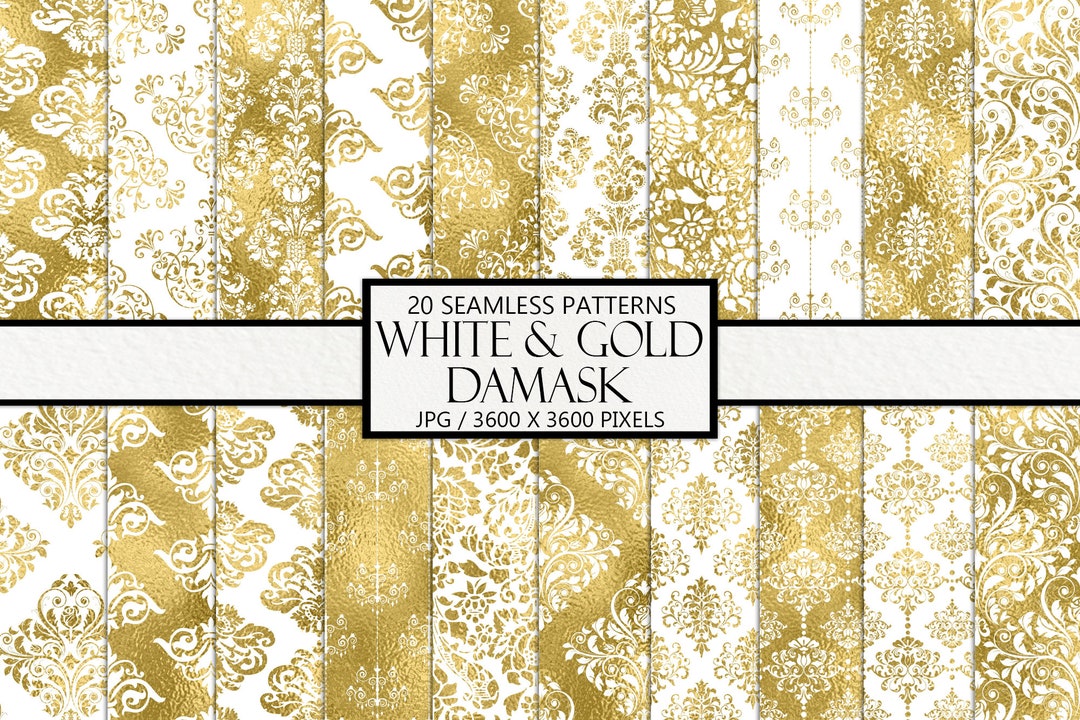 Seamless Digital Paper, White and Gold Damask, Scrapbook, Junk Journal ...