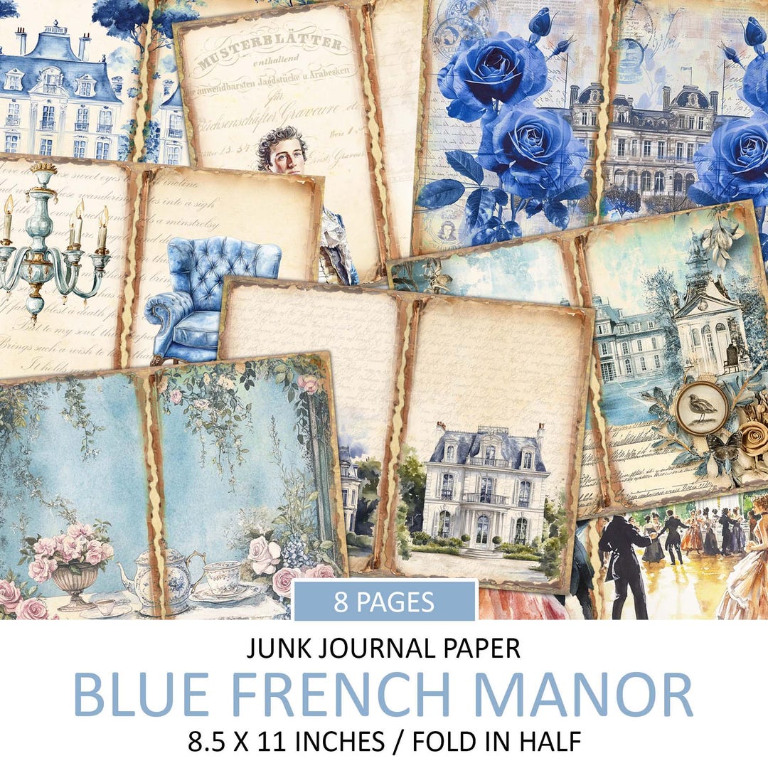 Vintage Blue French Manor Junk Journal Paper: Regency Scrapbook ...