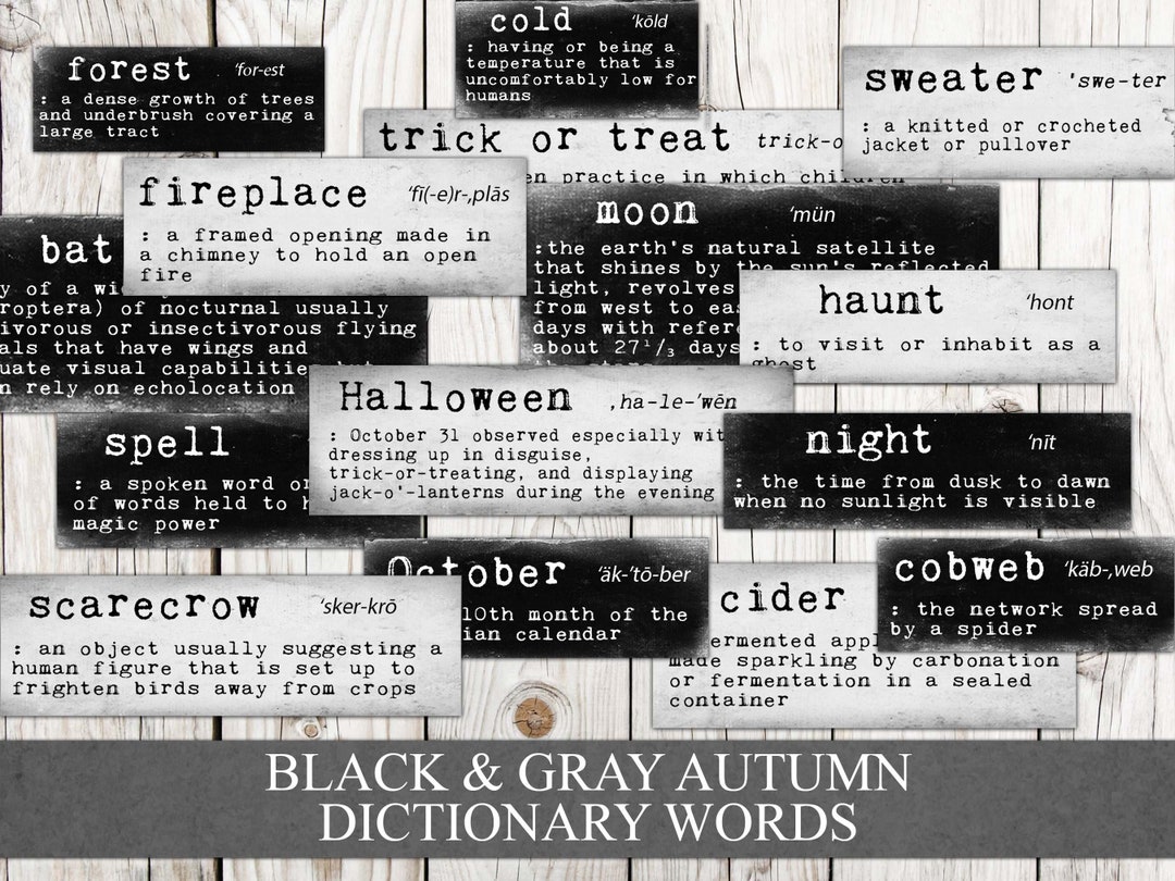 Black and Gray Autumn Dictionary Words, Vintage Junk Journal Ephemera ...