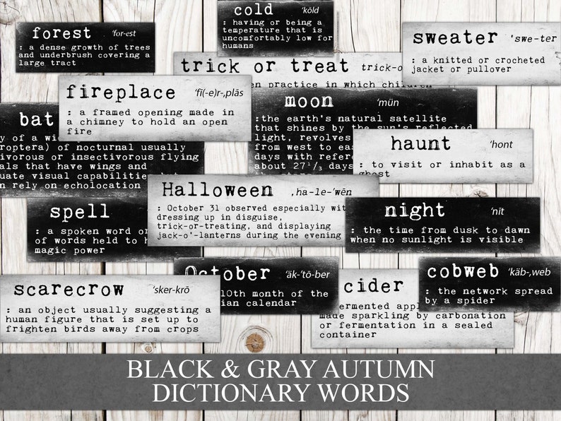 Autumn Dictionary Word Scraps: Black & Gray Ephemera (digital Download ...