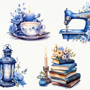 Watercolor Vintage Blue Clipart, Antique Object, Sticker and Planner ...