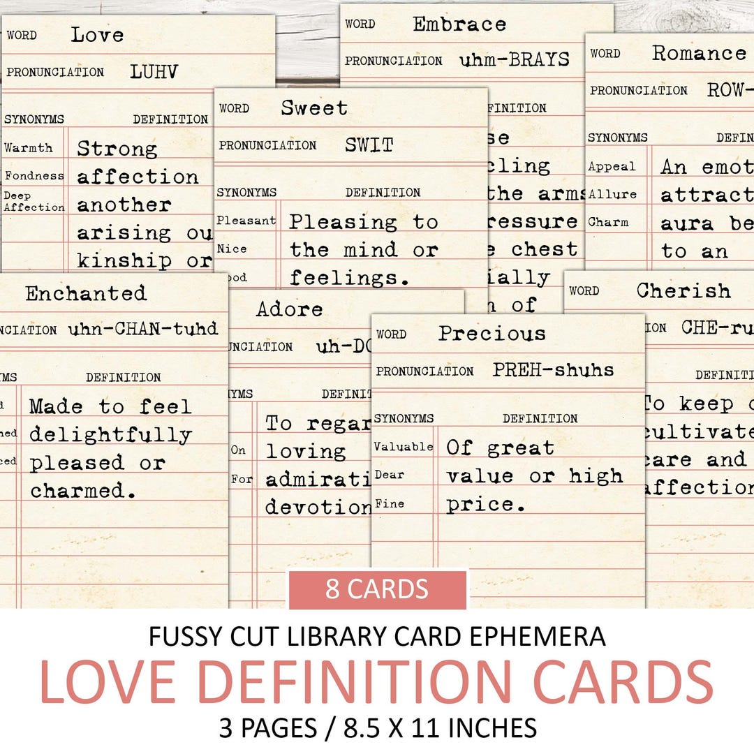 Printable Vintage Love Definition Library Cards, Fussy Cut, Ephemera ...