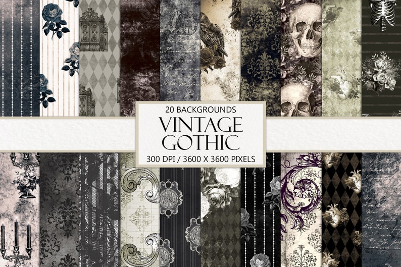 Vintage Gothic Scrapbook Paper: Skulls, Roses, Distressed (JPG & PDF ...
