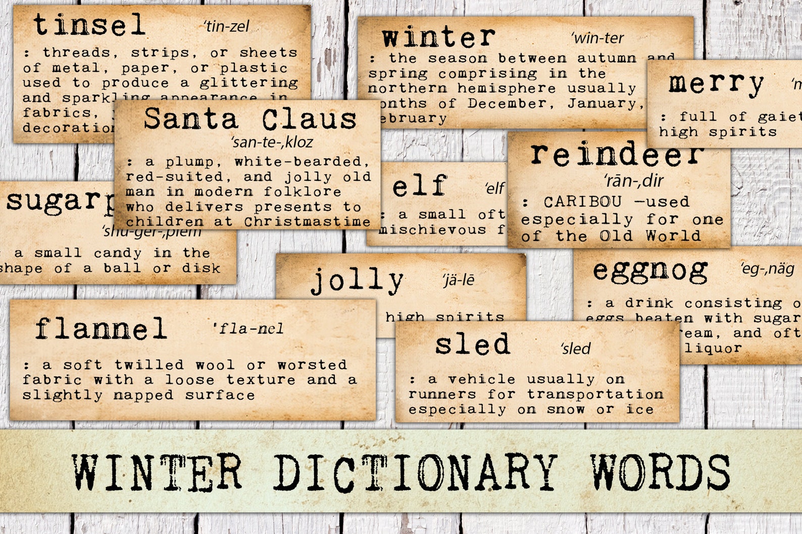 Winter Dictionary Word Scraps: Junk Journal Ephemera (digital Download ...
