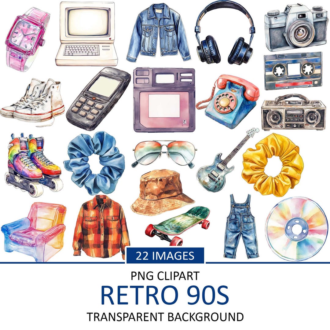 Watercolor Retro 90s Clipart, Decades, Nineties Clip Art Sublimation ...