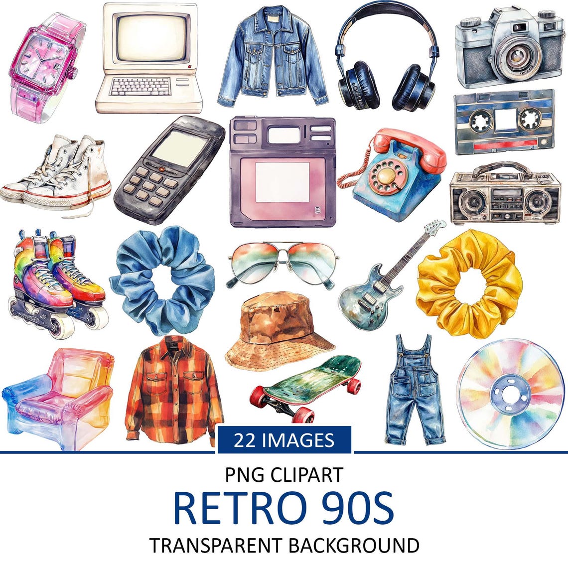 Watercolor 90s Clipart: Retro Nostalgia Graphics (digital Download ...