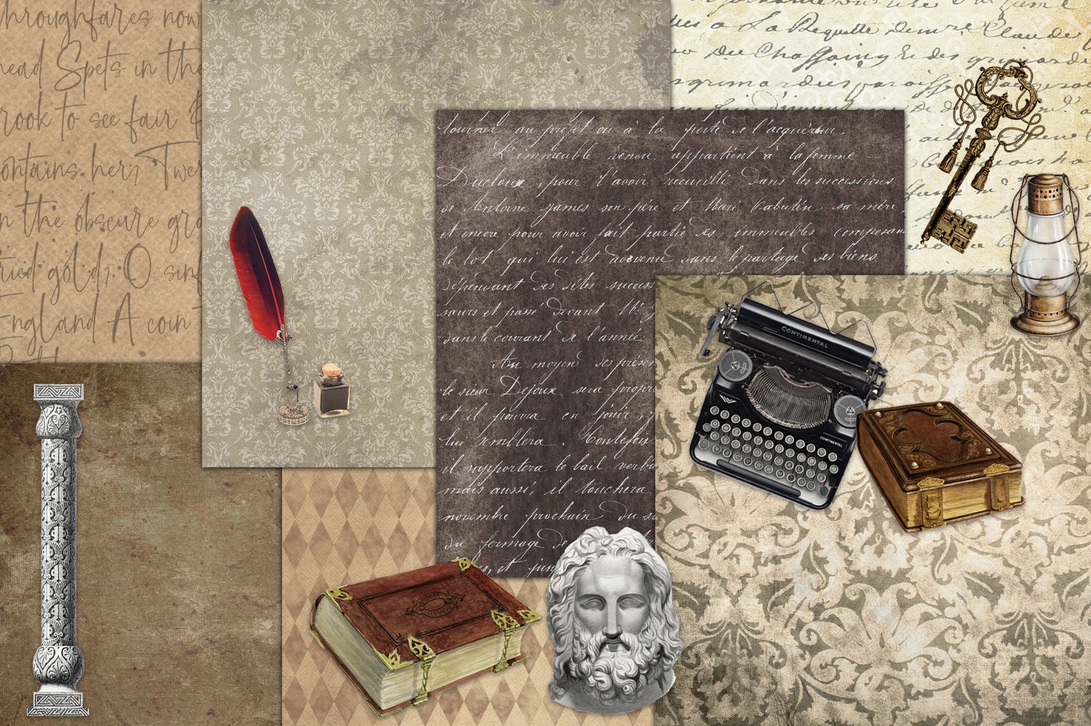 Vintage Library Scrapbook Kit: Ephemera, Books, Typewriter (digital ...