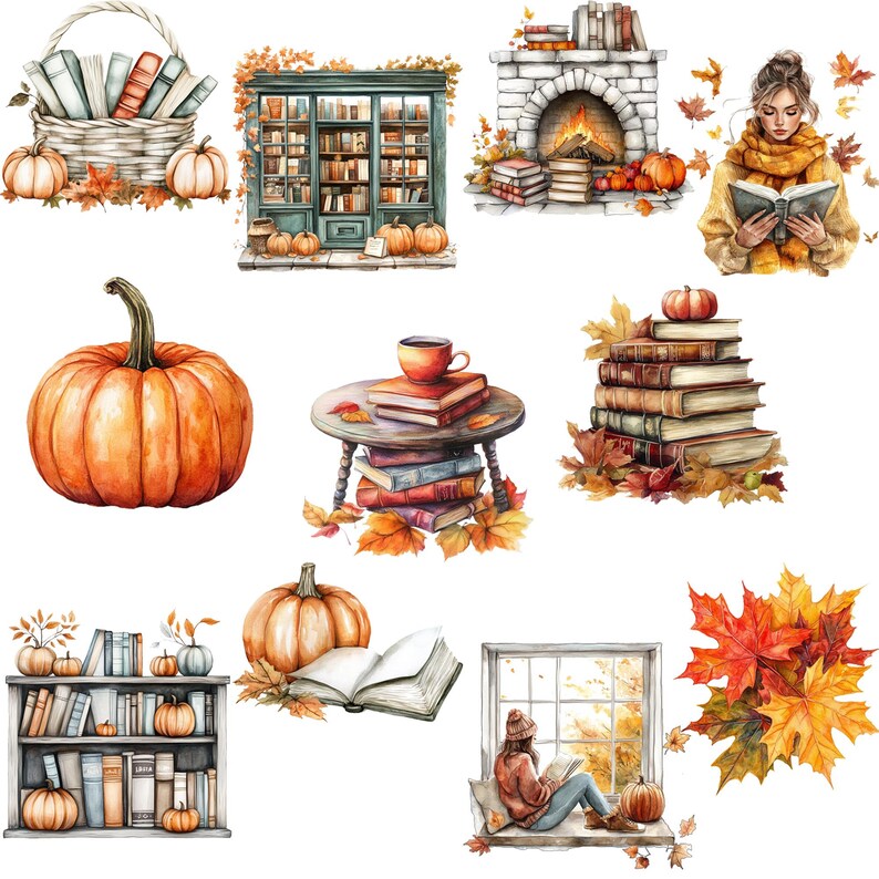 Watercolor Fall Reading Clipart: Autumn Book Lover PNG Images ...