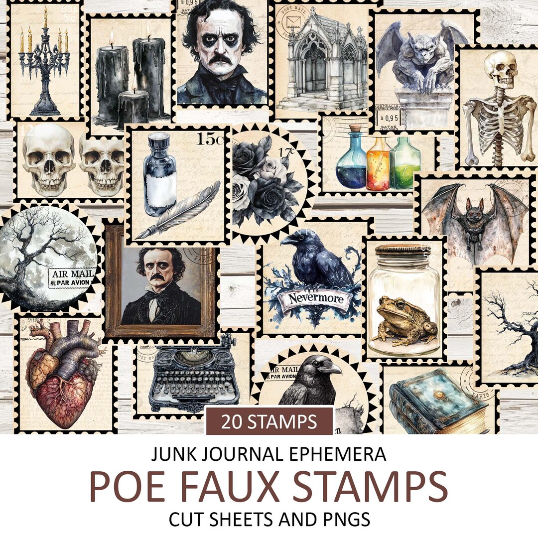 Vintage Edgar Allan Poe Stamps, Antique Ephemera, Fussy Cut, Sticker ...