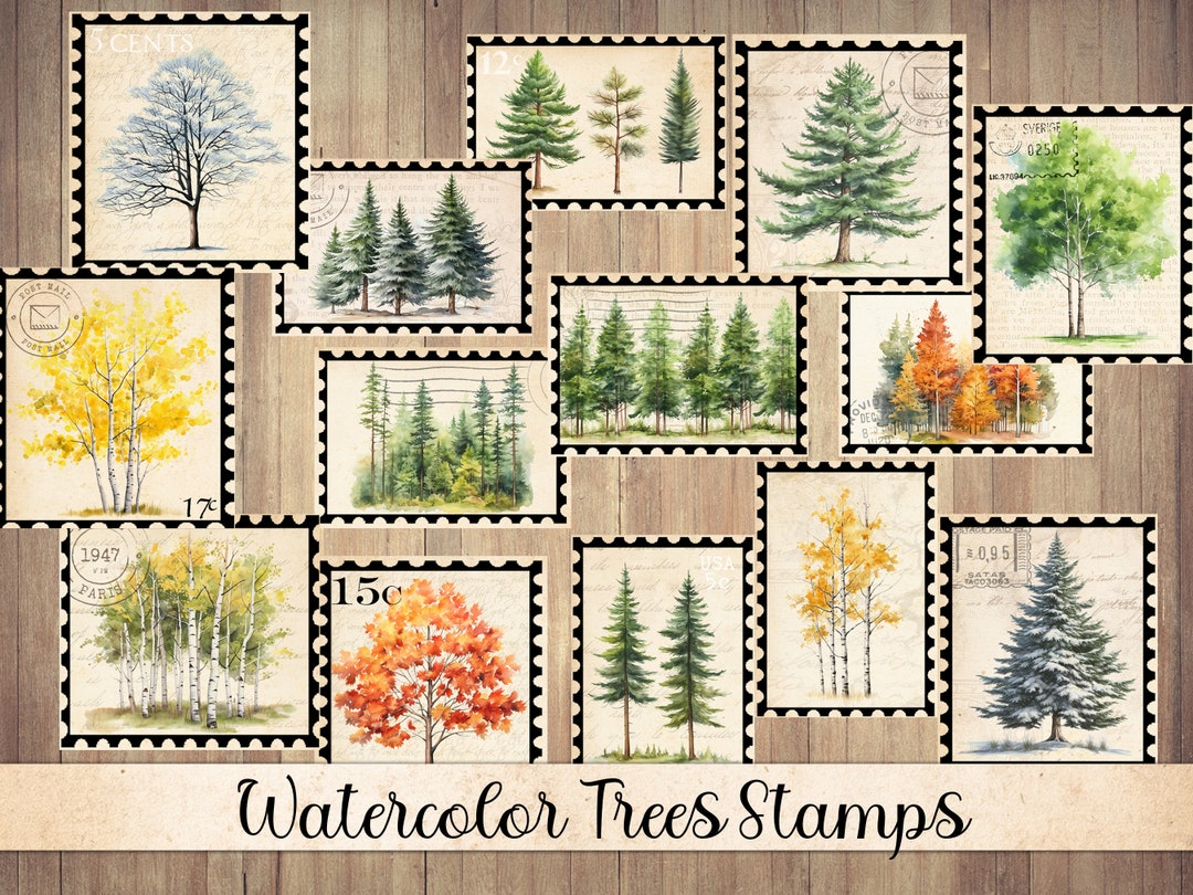 Watercolor Forest Tree Stamps: Vintage Ephemera (digital Download) - Etsy