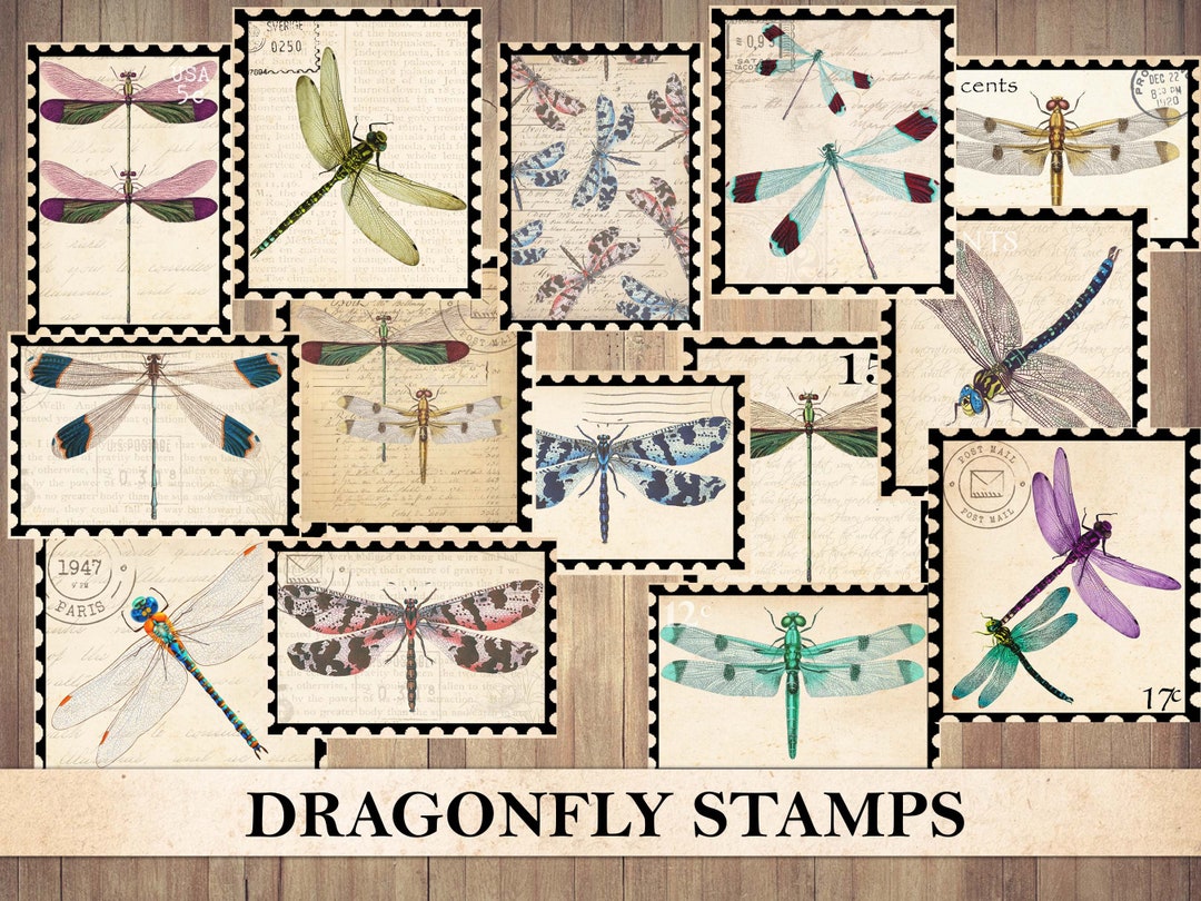 Vintage Dragonfly Stamps, Antique Ephemera, Fussy Cut, Sticker Sheet ...