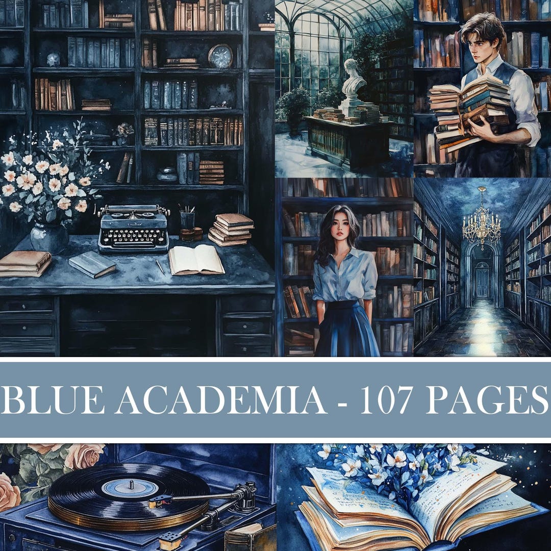 Watercolor Blue Academia Backgrounds, Junk Journal Supplies, Book Lover ...