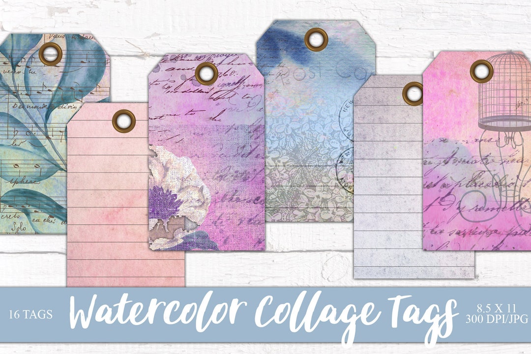 Digital Watercolor Collage Tags, Digital Junk Journal Ephemera, Gift ...