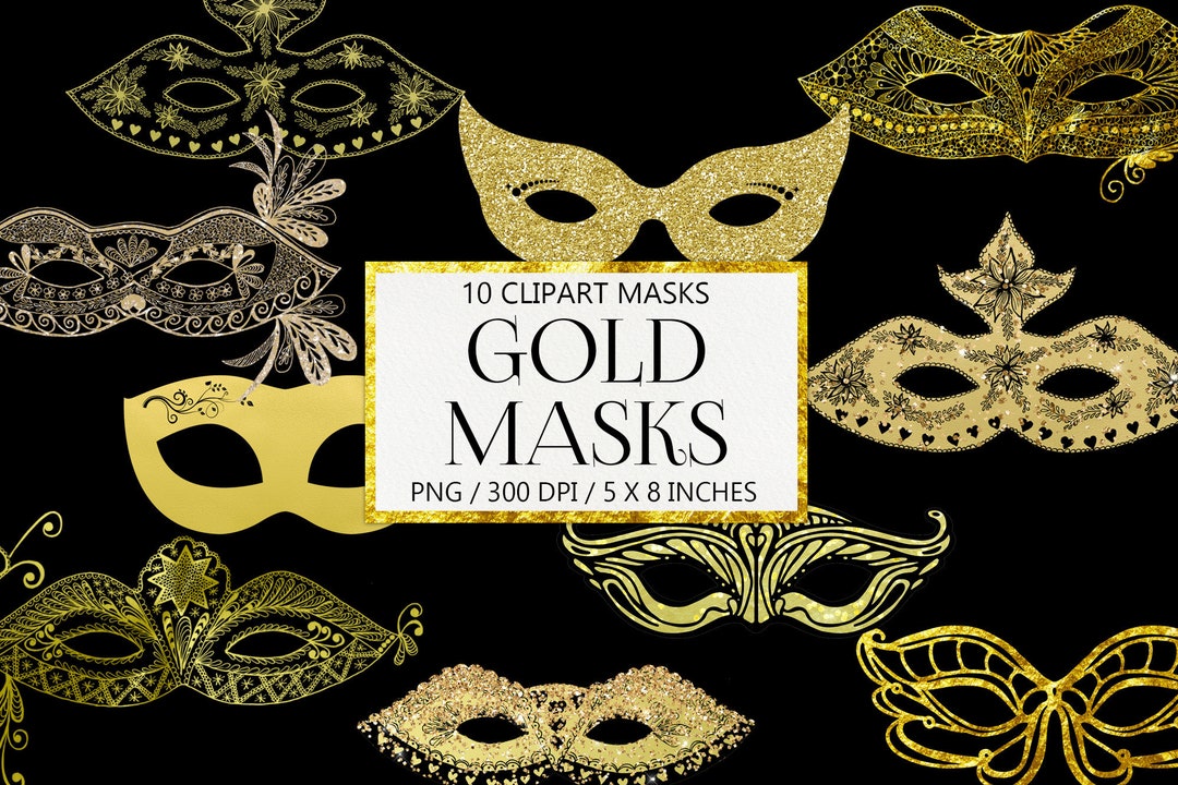 Gold Sparkle Masquerade Masks, Metallic Mask Clipart Pack, Masquerade ...