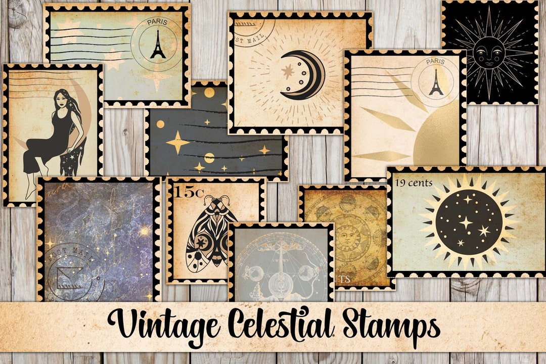 Printable Celestial Stamps, Vintage Ephemera, Fussy Cut, Sticker Sheet ...