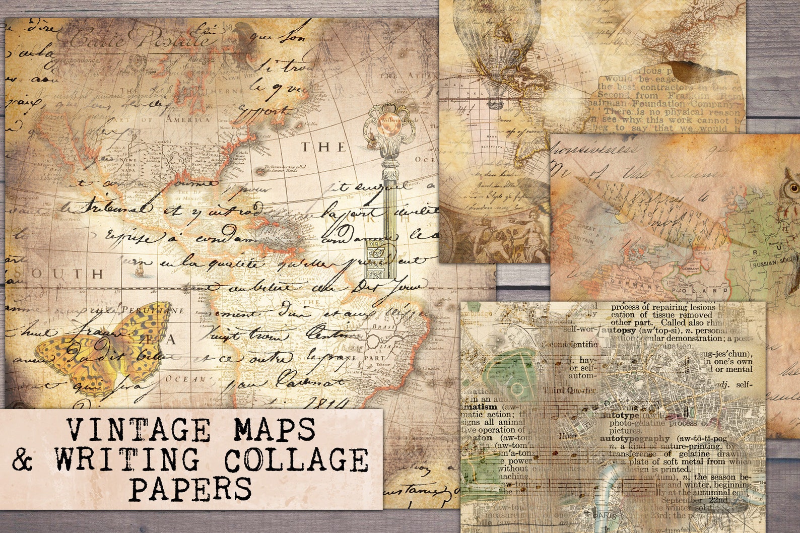 Digital Maps and Old Writing Collage Papers Printable Vintage | Etsy