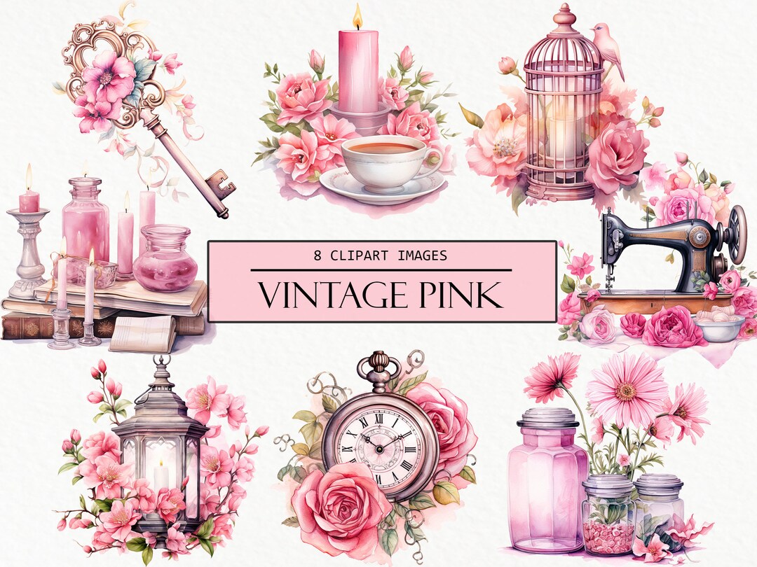 Watercolor Vintage Pink Clipart, Antique Object, Sticker and Planner ...
