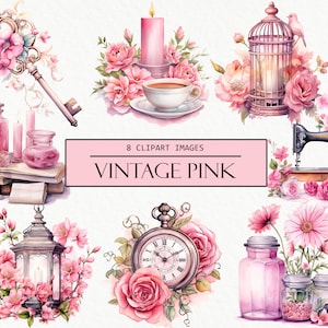 Watercolor Vintage Pink Clipart, Antique Object, Sticker and Planner ...